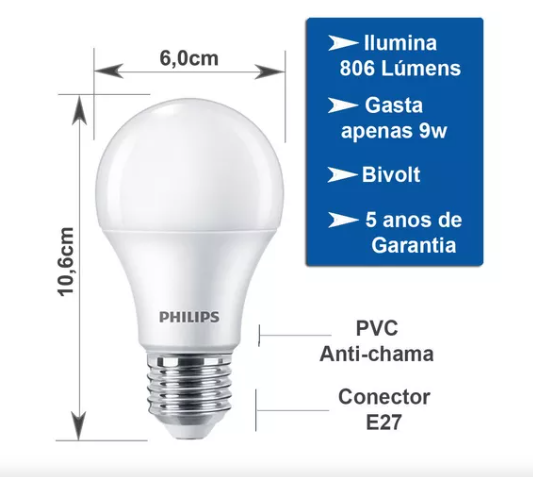 Lâmpada Led Bulbo A60 9W 806lm BIVOLT - PHILIPS