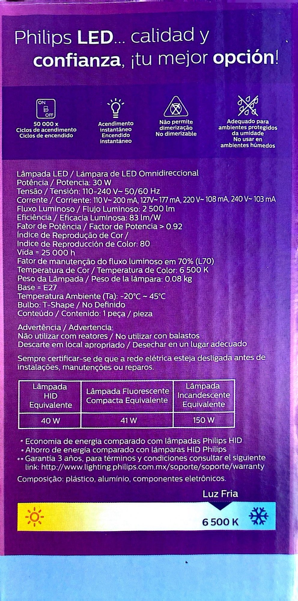 Lâmpada LED TForce Core HB E27 Philips 30w - 6500K - Luz Branca